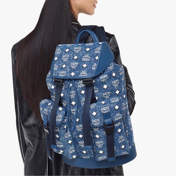 MCM | Bags | Mcm Brandenburg Monogram Logo Backpack In Vintage Denim ...